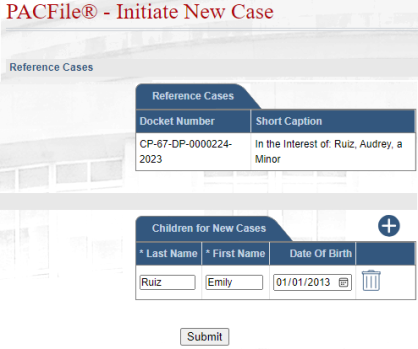 PACFile Cases tab - Common Pleas Dependency Petition Filing