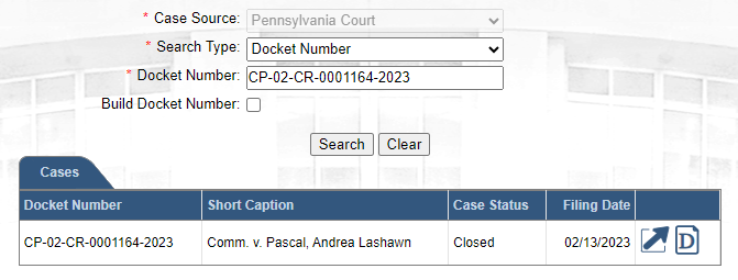 PACFile Cases tab - Common Pleas Delinquency Petition Filing