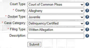 Filing Type tab - Common Pleas Delinquency Allegation Filing