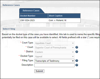 PACFile Filing Type tab - Original Record Transcript