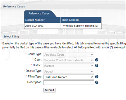 PACFile Filing Type tab - Lower Tribunal Records
