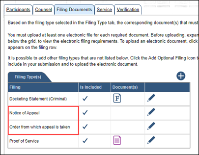 PACFile Filing Documents tab - Superior Court Filing