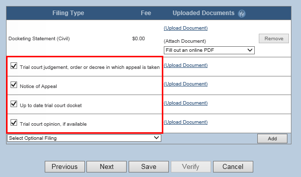 PACFile Filing Documents tab - Superior Court Filing