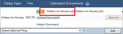 PACFile Filing Documents tab - Superior Court Filing