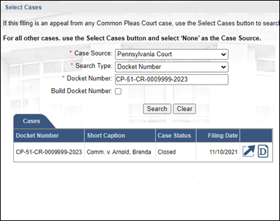 PACFile Cases tab - Commonwealth Court Filing