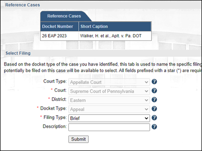 PACFile Filing Type tab - Supreme Court Filing
