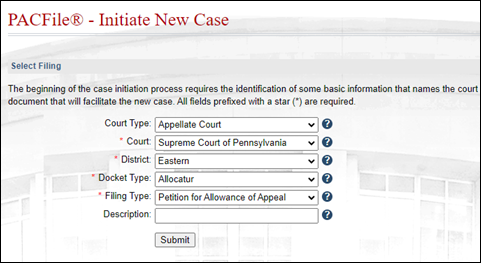 PACFile Filing Type tab - Supreme Court Filing